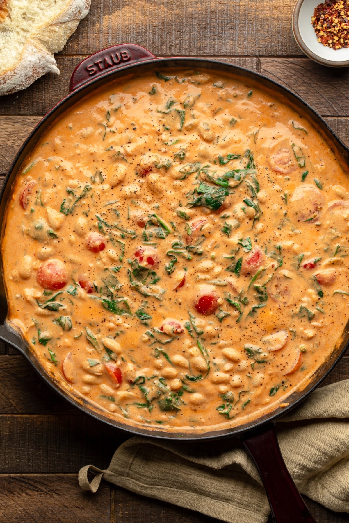 Creamy Skillet White Beans with Spinach and Basil - Nora Cooks
