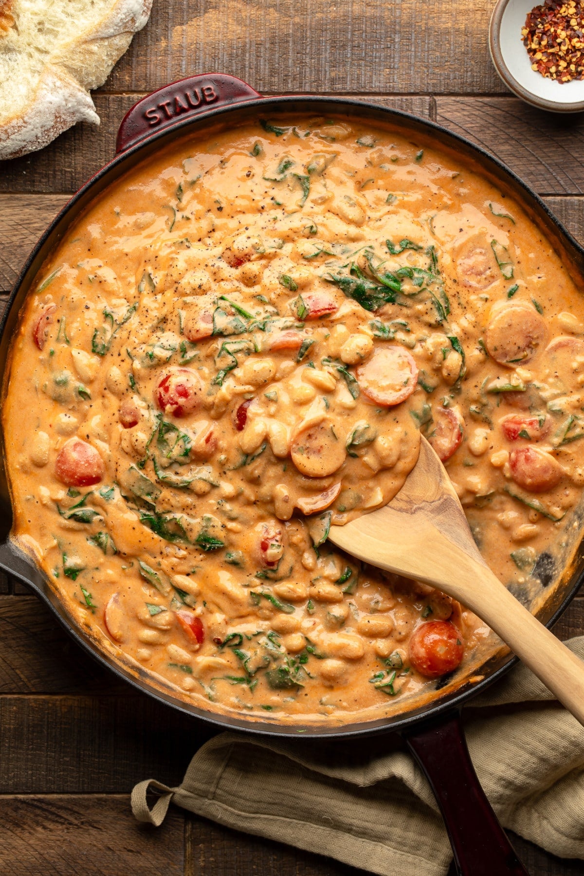 Creamy Skillet White Beans with Spinach and Basil - Nora Cooks